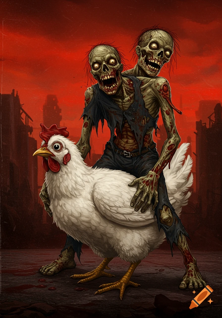 A stylized illustration of a two-headed zombie riding a large white ...