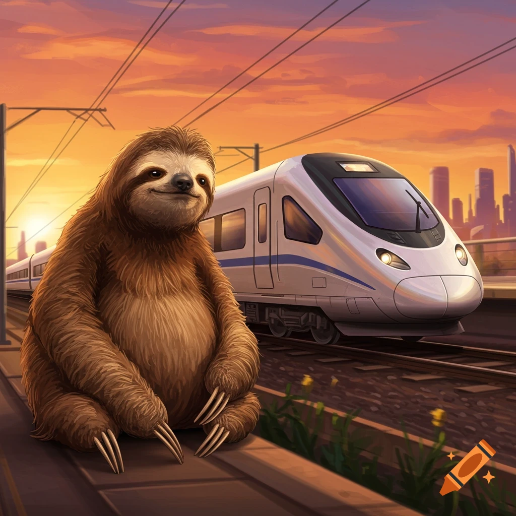 Cartoon illustration of a sloth sitting next to a modern train at ...