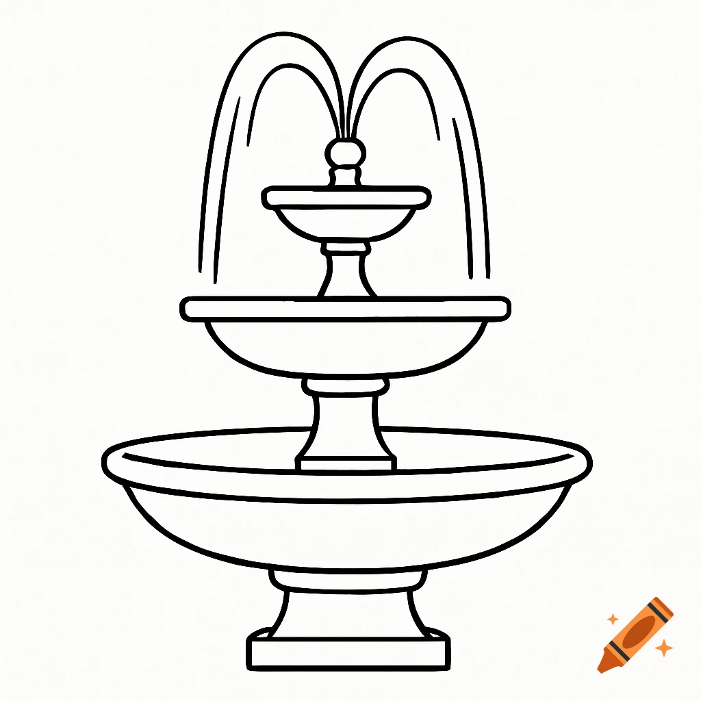 Simple outline drawing of a two-tiered water fountain with flowing ...
