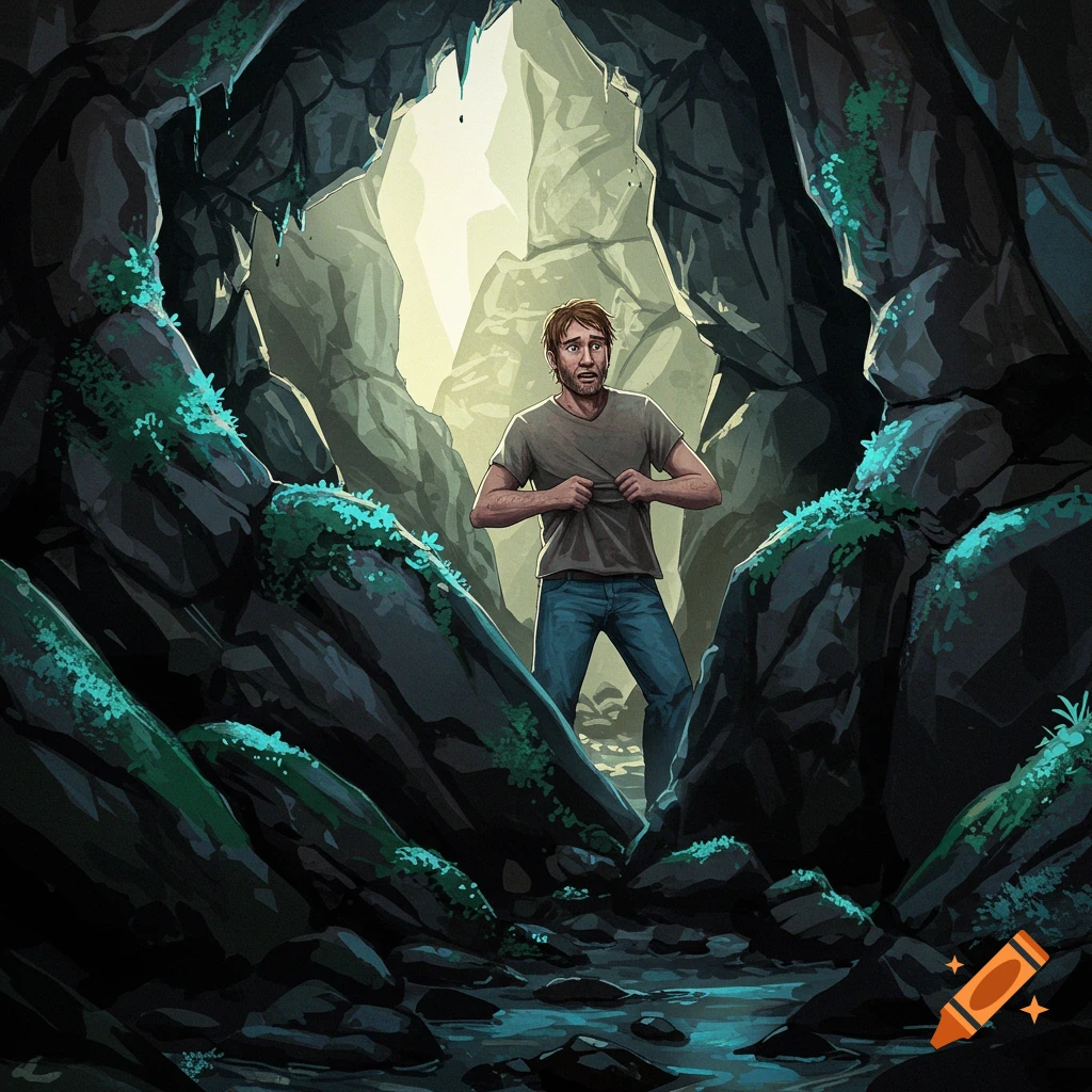 An illustration of a scared man standing in a dark cave. on Craiyon