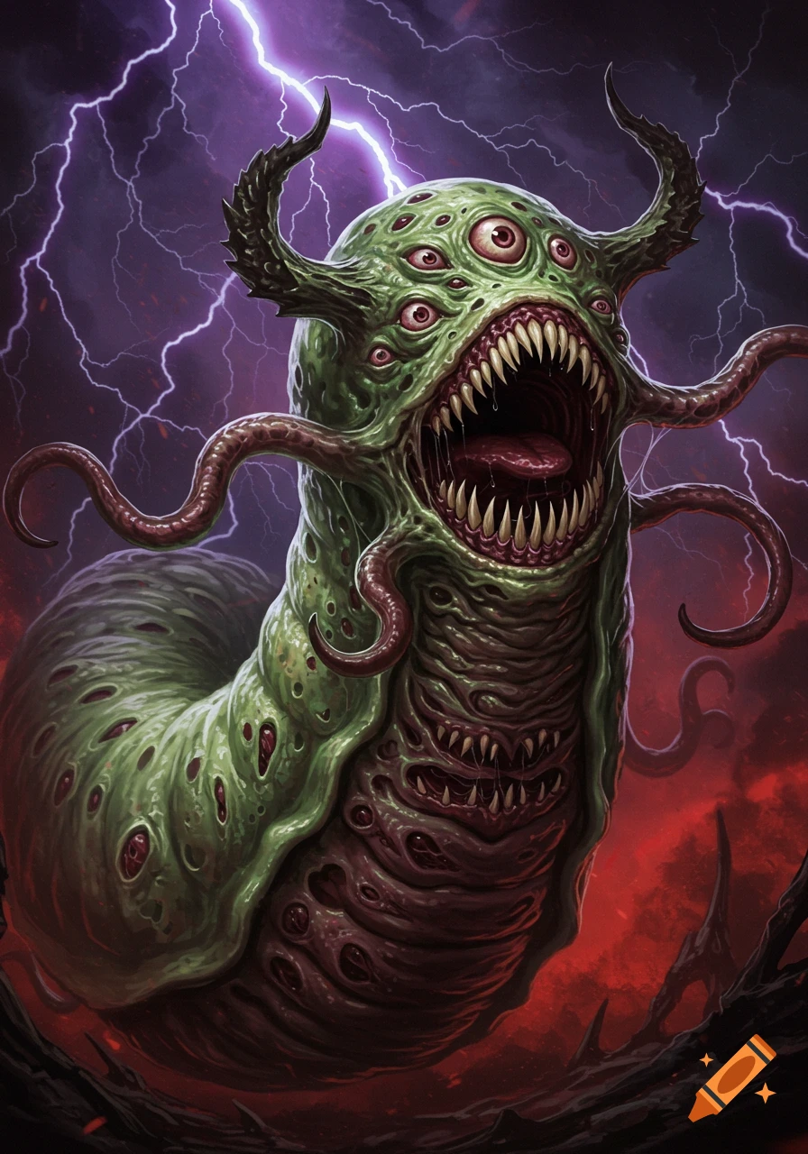 A monstrous green creature with many eyes, teeth, and tentacles against ...
