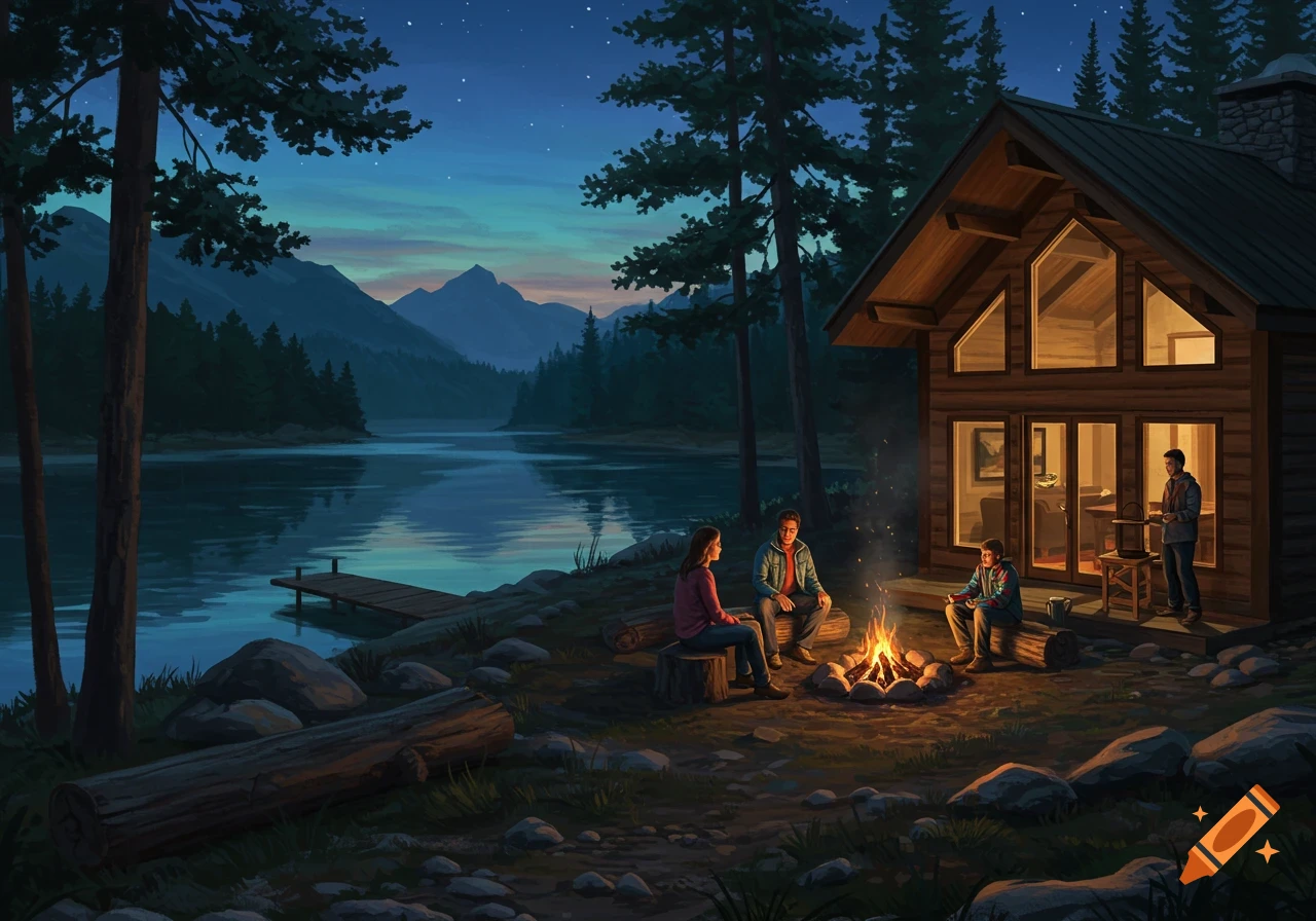Family sitting by campfire outside a rustic cabin by a lake at twilight ...