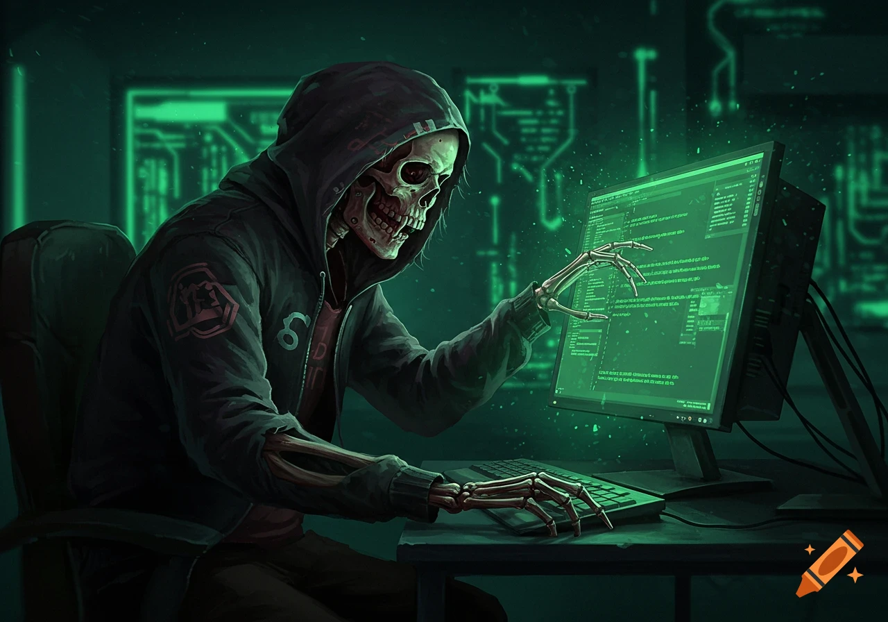 A skeleton in a dark hoodie hacking on a computer with glowing green ...