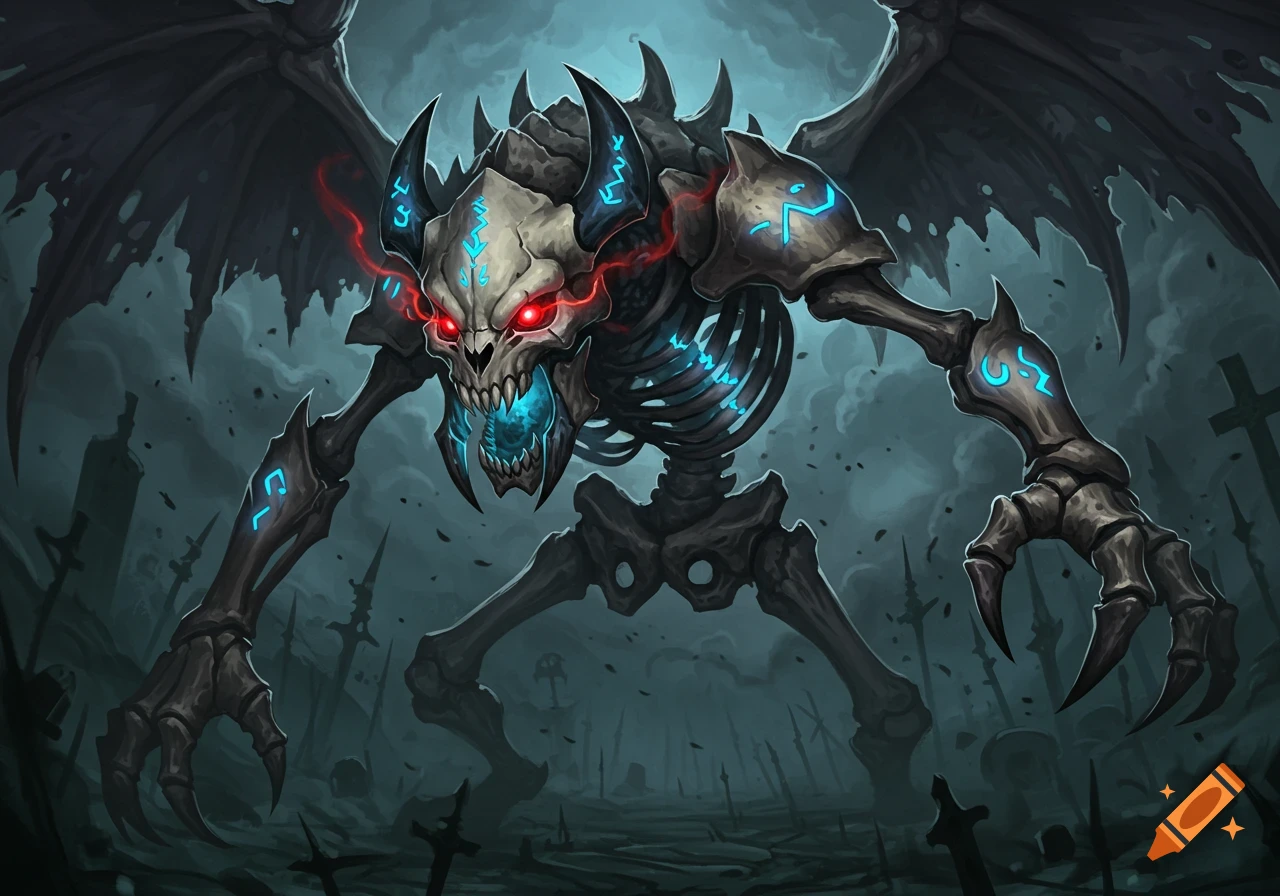 Dark fantasy illustration of a winged skeletal monster with glowing ...