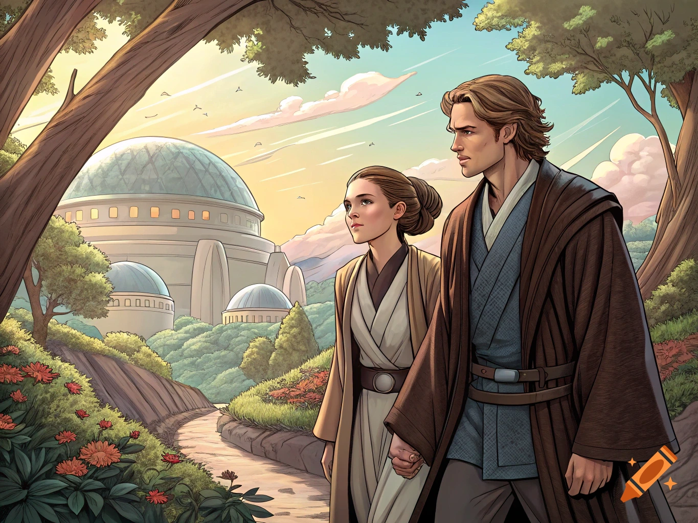 Comic book style image of two people walking through a garden path ...