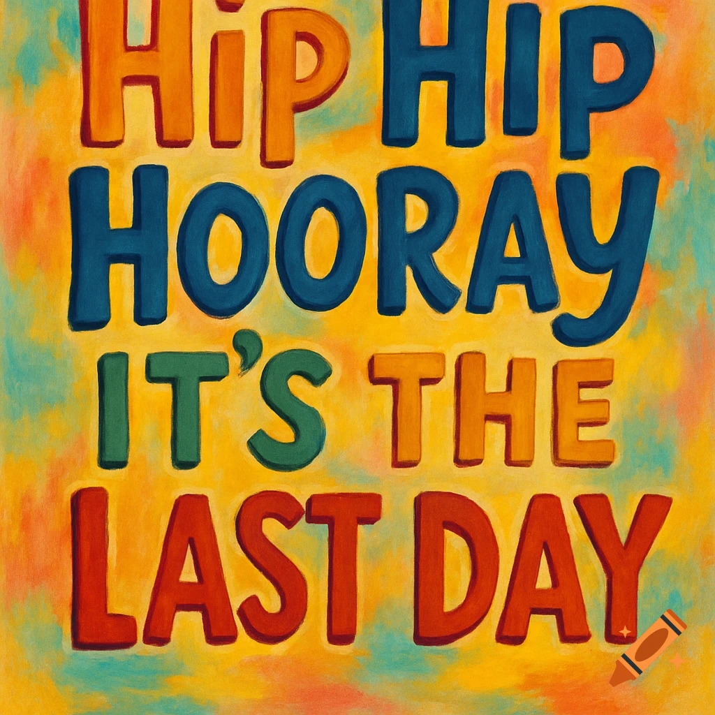 Colorful word art reading 'Hip hip hooray it's the last day' on Craiyon