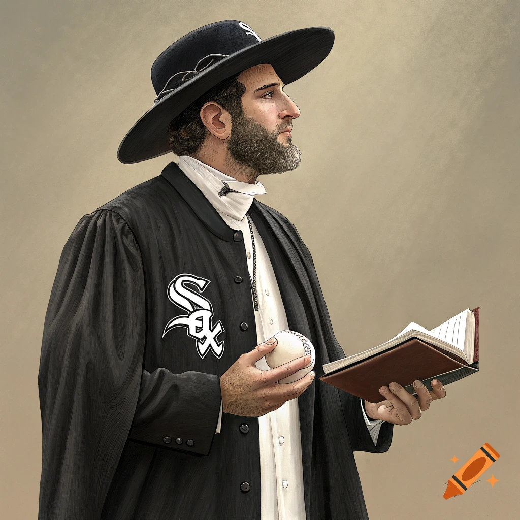 A man dressed as a rabbi wearing a Chicago White Sox jacket and hat ...