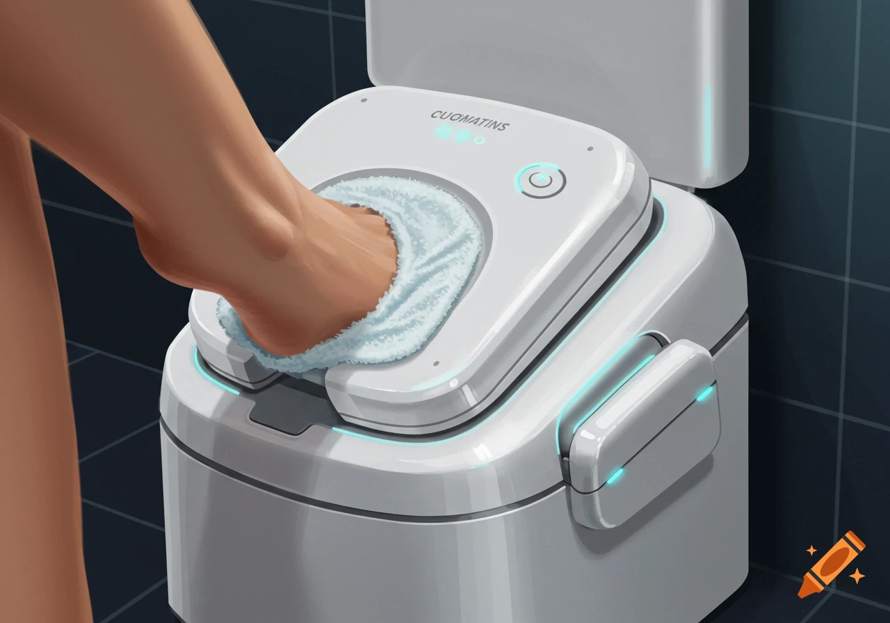 Close-up of a foot being placed on a modern white device with a fuzzy ...