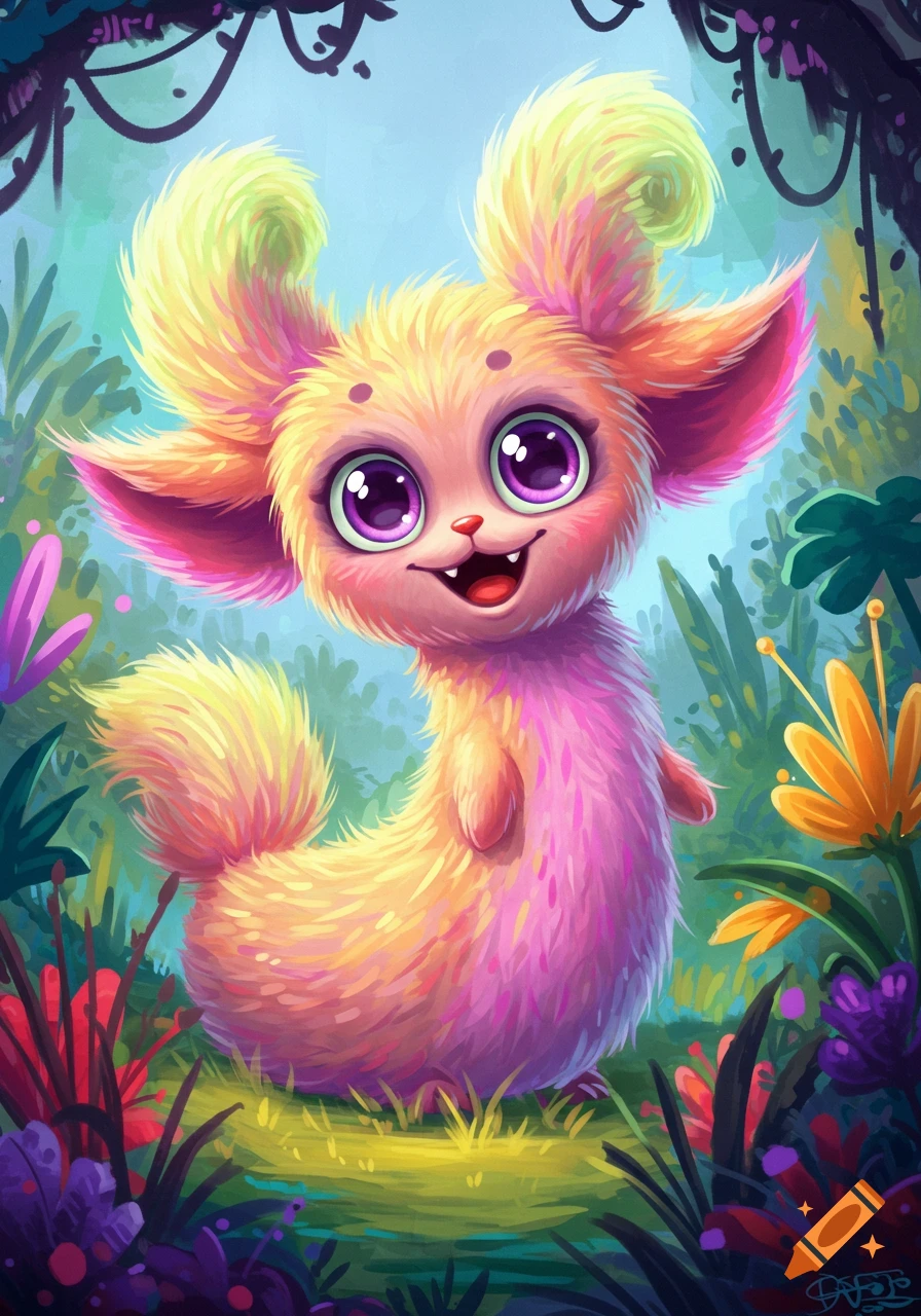 Cute colorful fluffy creature with big eyes in a forest setting. on Craiyon