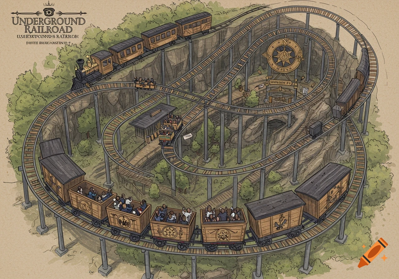 An illustration of an Underground Railroad themed rollercoaster with ...