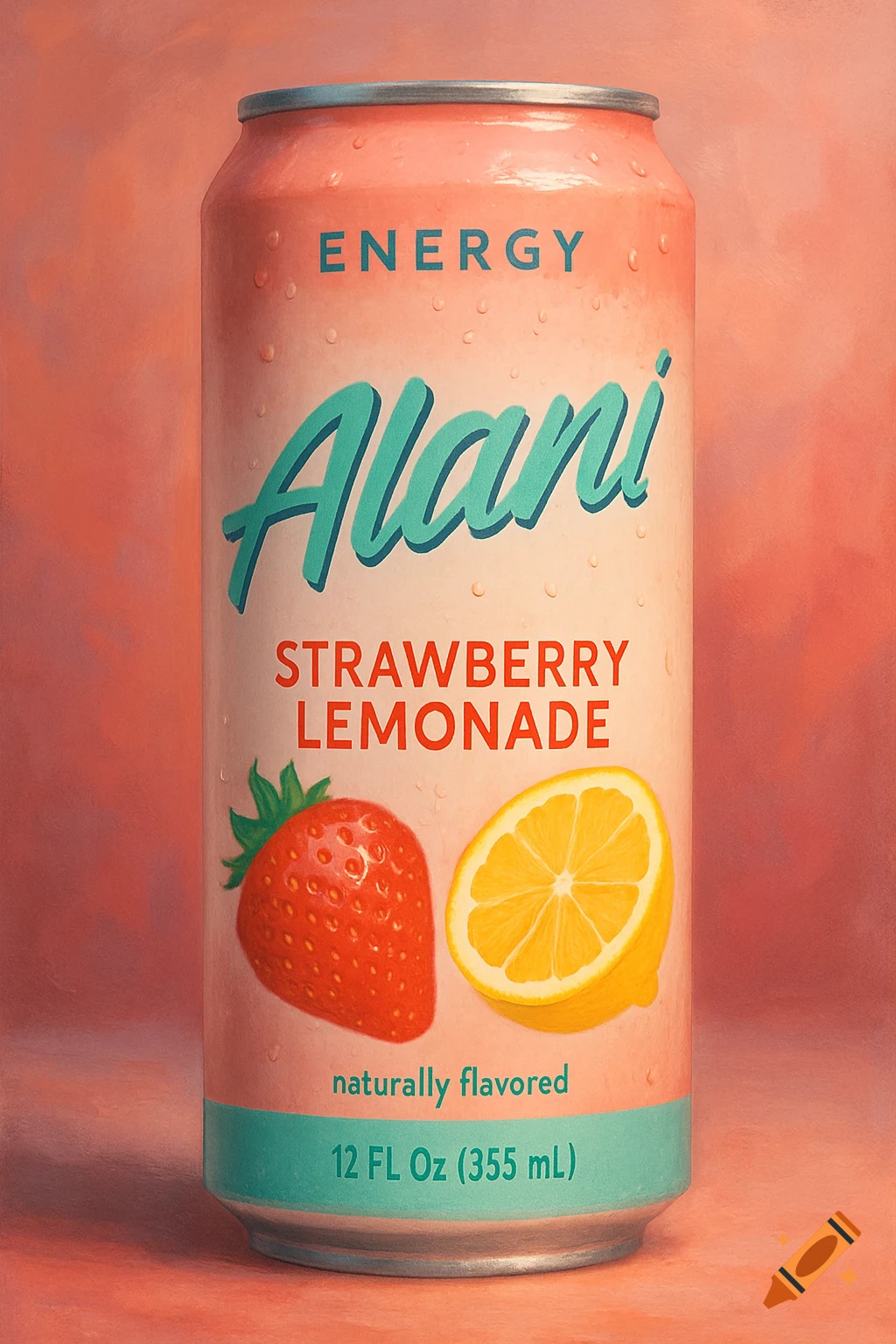 Alani energy drink can with strawberry and lemon slices on Craiyon