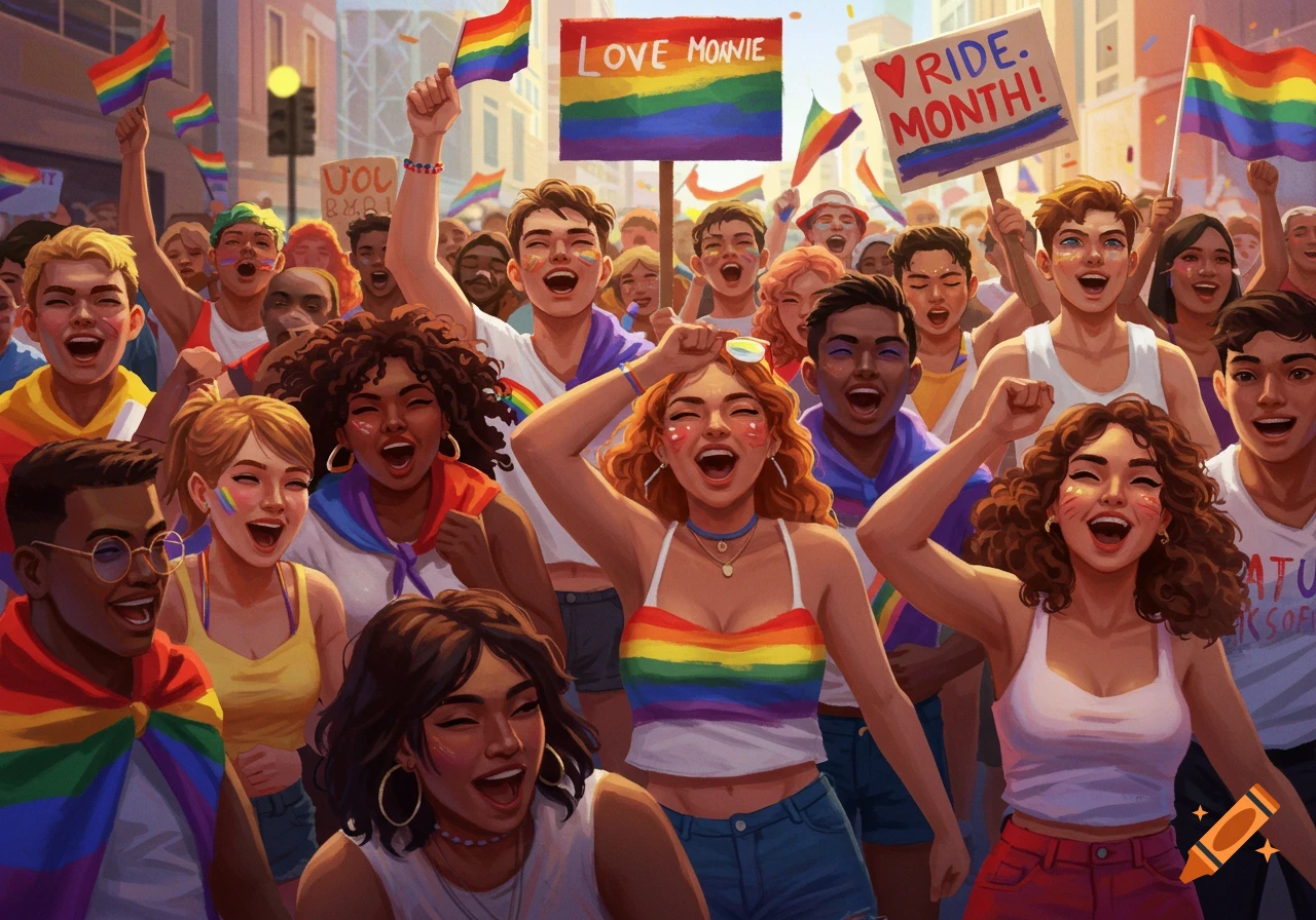 A diverse crowd cheers at a pride parade, holding rainbow flags and ...