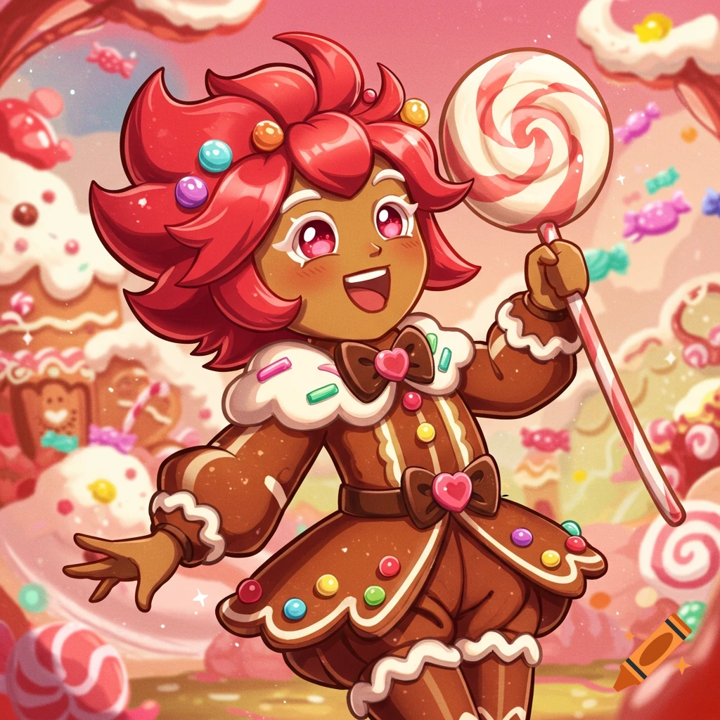 A cartoon gingerbread character with candy hair holds a giant lollipop ...