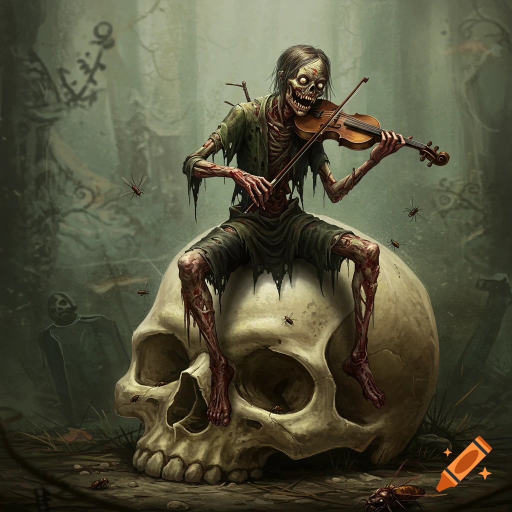 A decayed zombie sits on a giant skull playing a violin in a grim ...