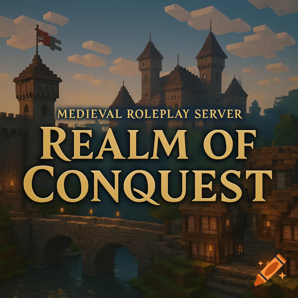 Minecraft style medieval castle and village with 'Realm of Conquest ...