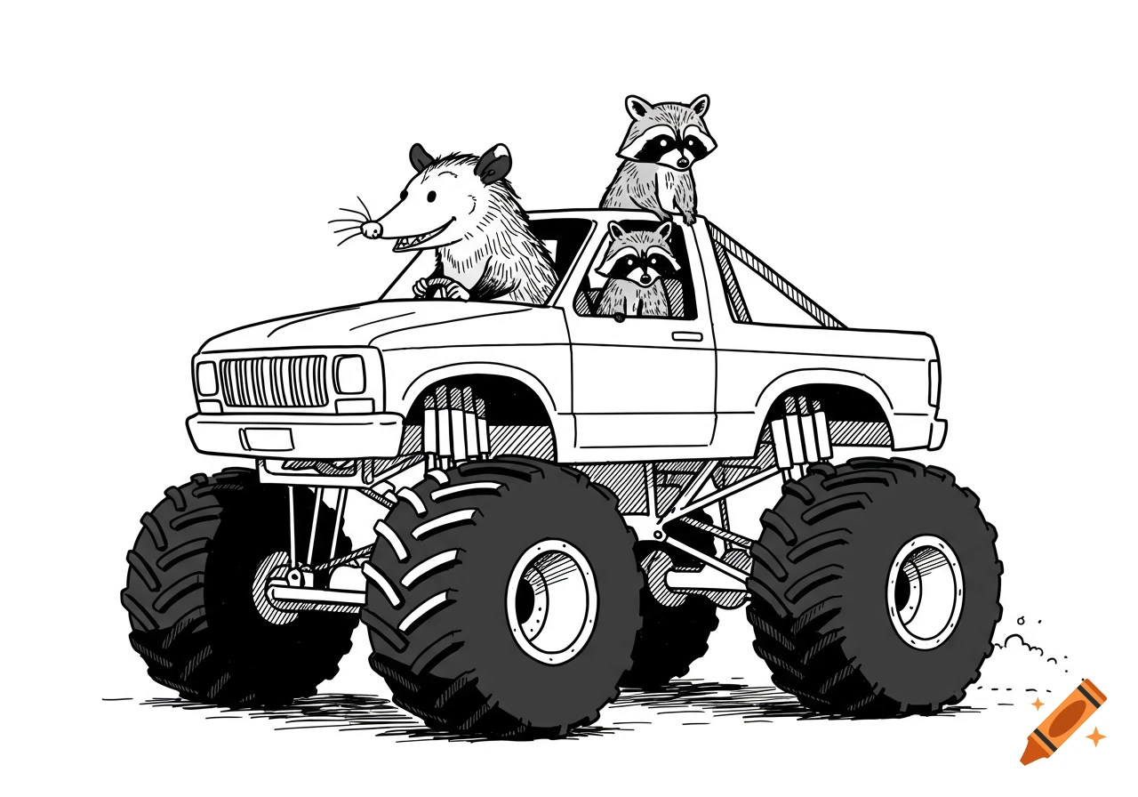 A black and white line drawing of an opossum driving a monster truck ...