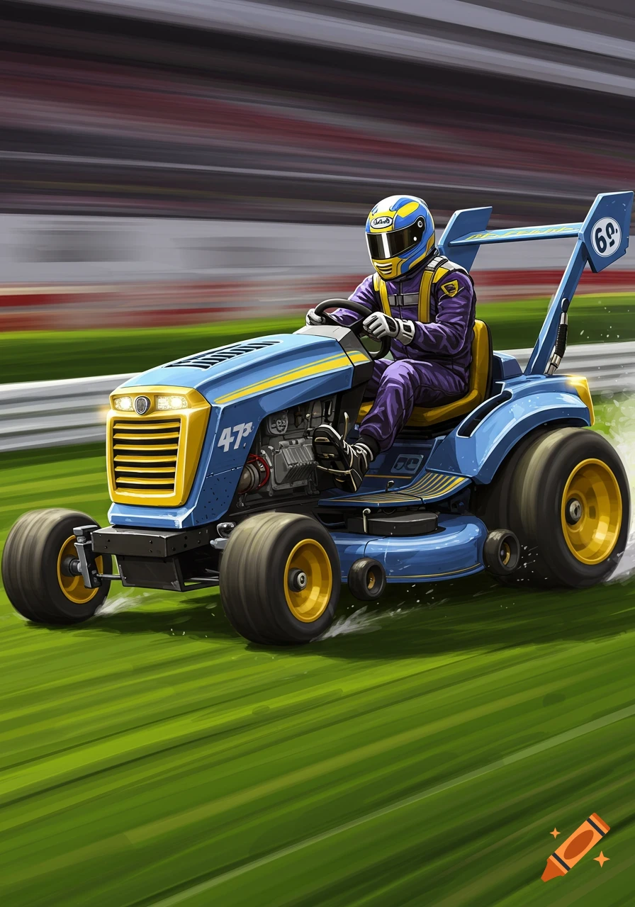 Illustration of a person racing a heavily modified lawnmower on a race ...