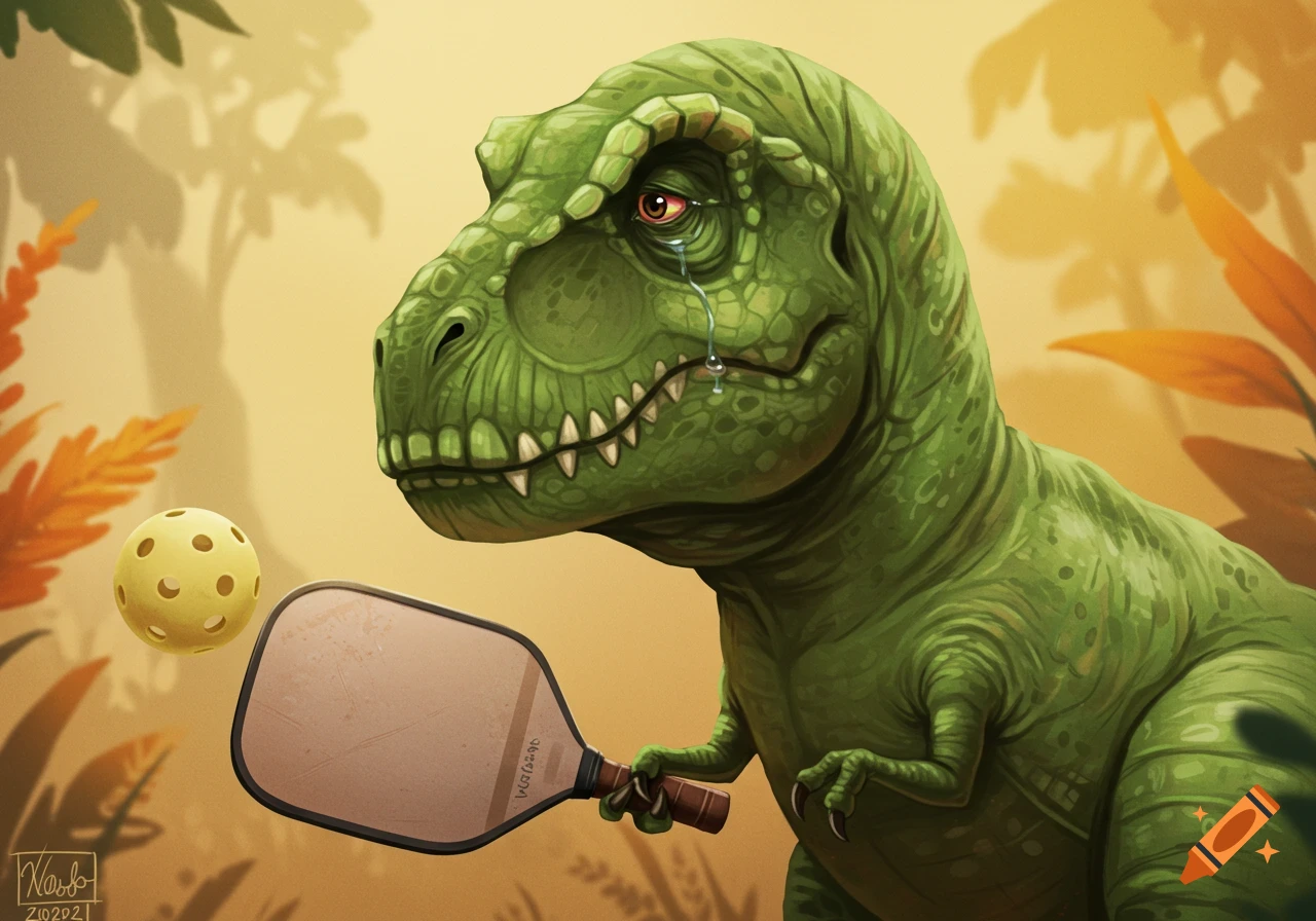A sad cartoon T-Rex playing pickleball, reaching for the ball with a ...