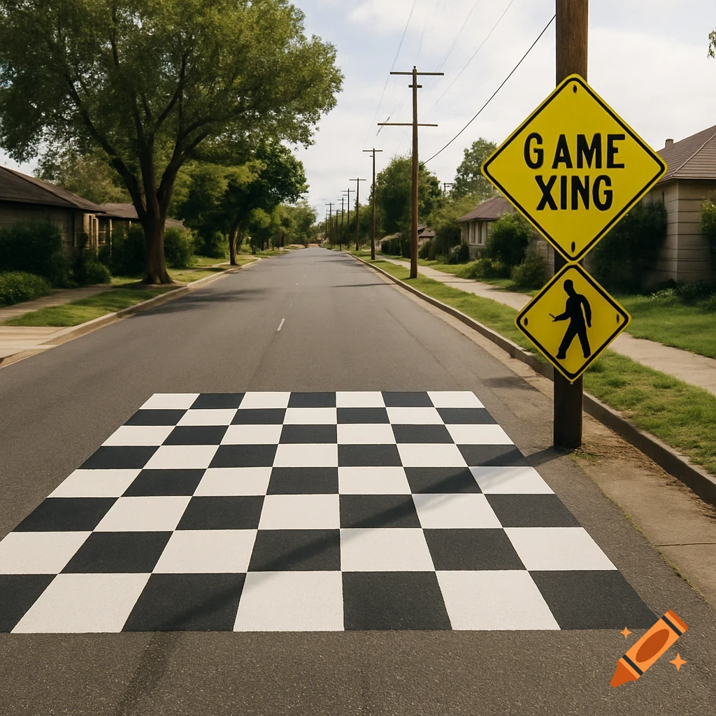 A suburban street with a large checkerboard painted on the road and a ...