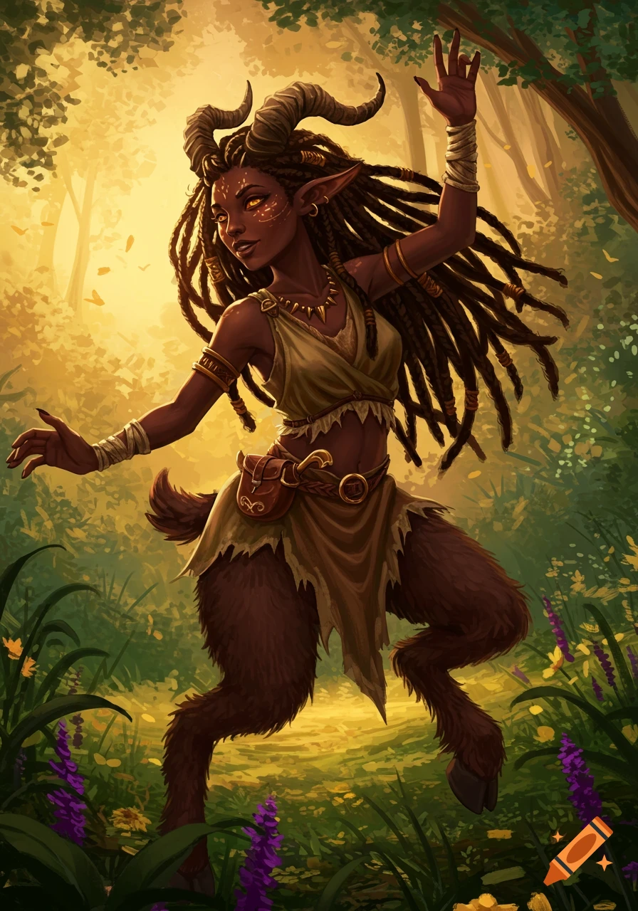 A dark-skinned satyr woman with dreadlocks dances in a sunlit forest. on Craiyon
