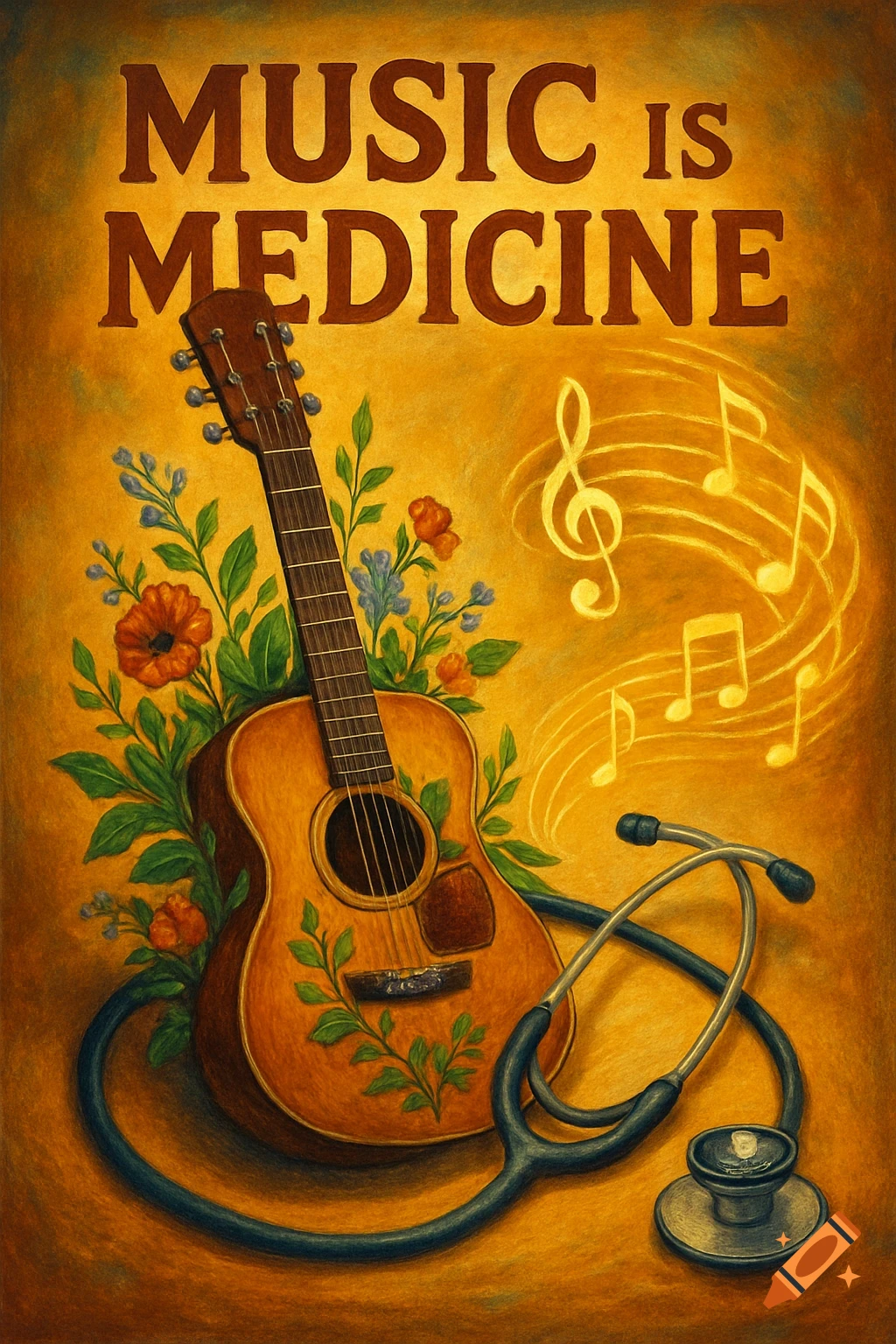 Illustration of a guitar with flowers and a stethoscope, with musical ...