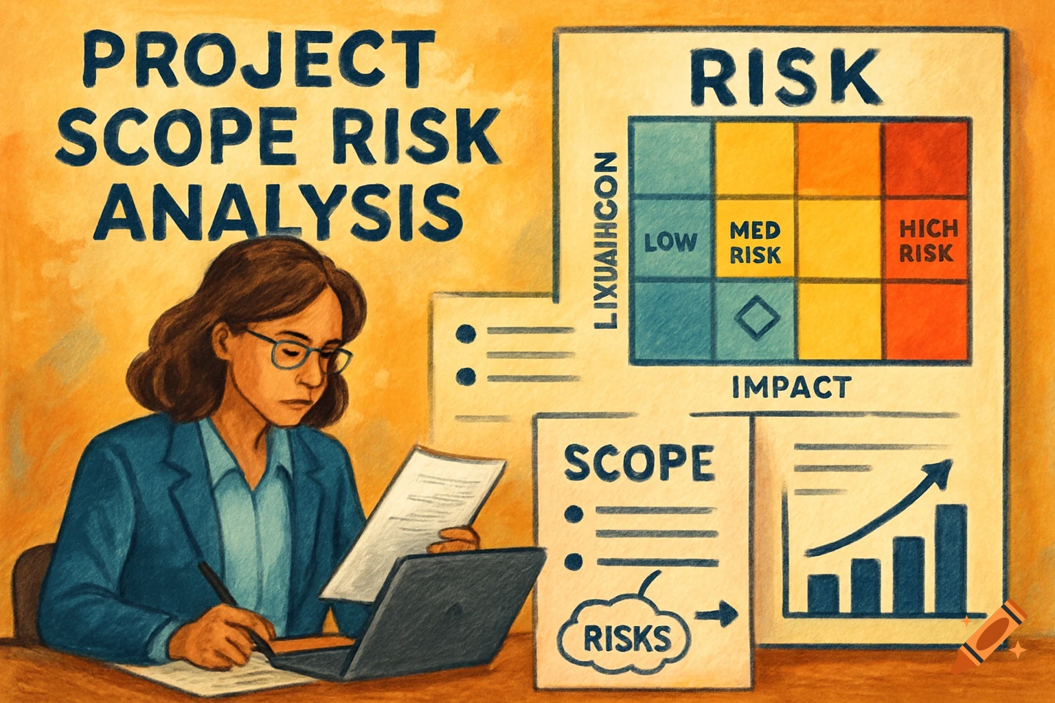 Illustration of a person analyzing project scope and risk, with charts. on Craiyon