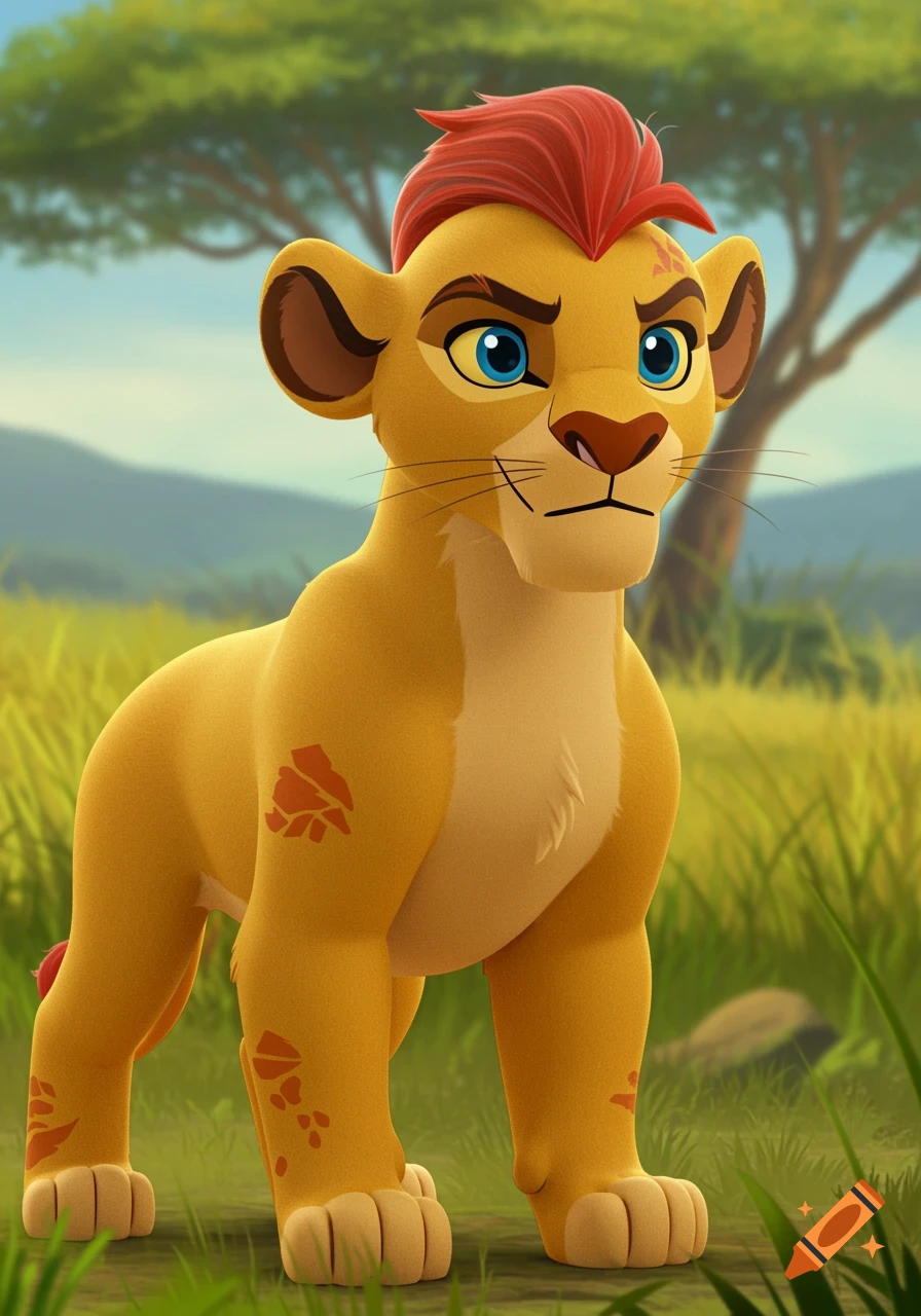 Animated lion cub Kion standing in a grassy field. on Craiyon