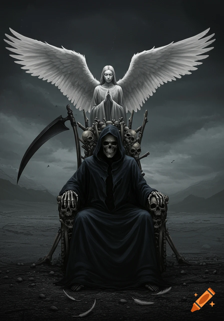 Dark fantasy illustration of the Grim Reaper on a skull throne with an ...