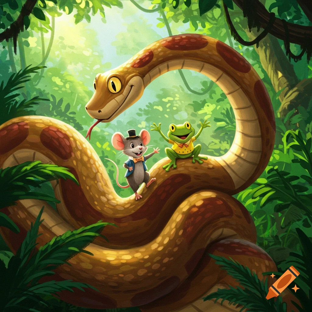 Cartoon illustration of a mouse and a frog riding on a snake in a ...