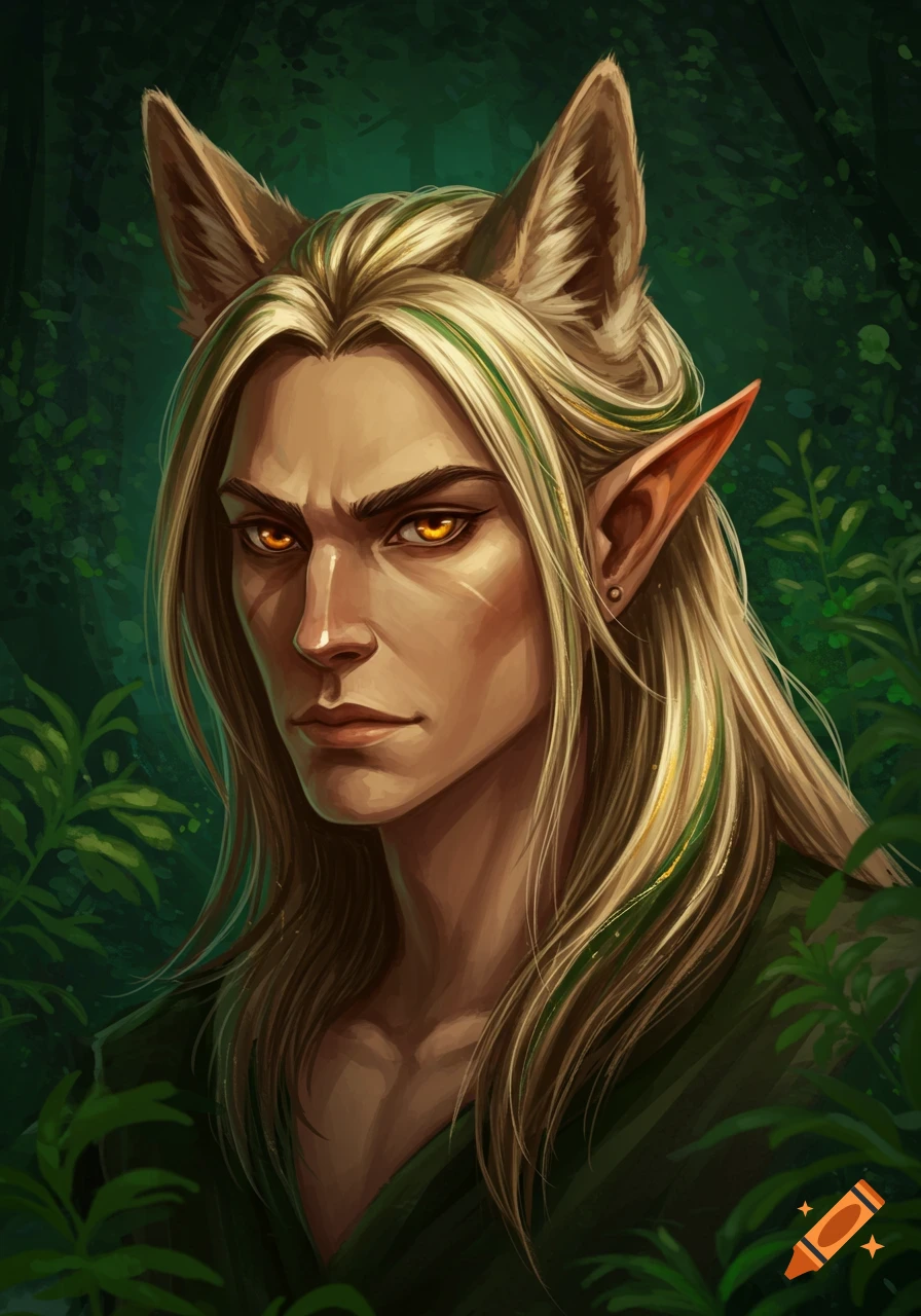 Fantasy portrait of a wolf elf with glowing amber eyes in a forest. on ...