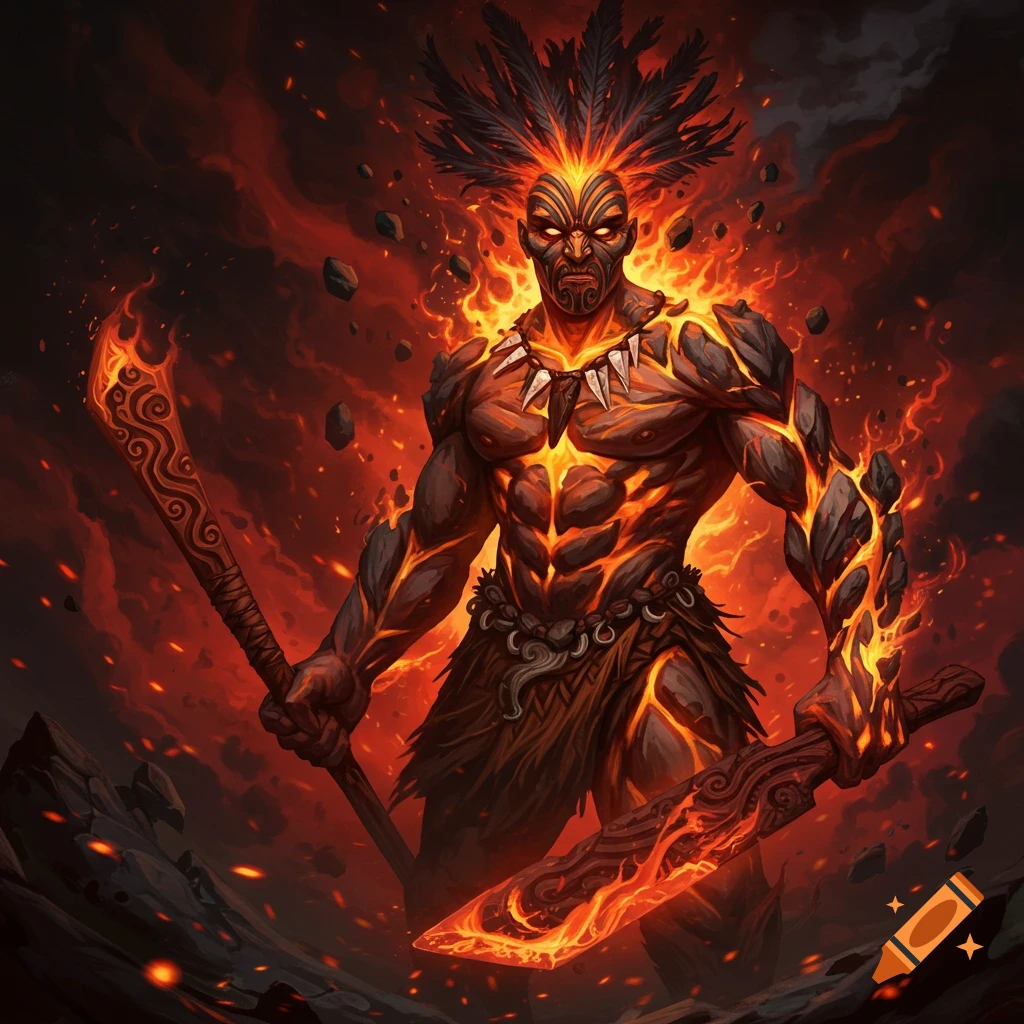 A muscular warrior figure made of fire and earth holds two carved ...