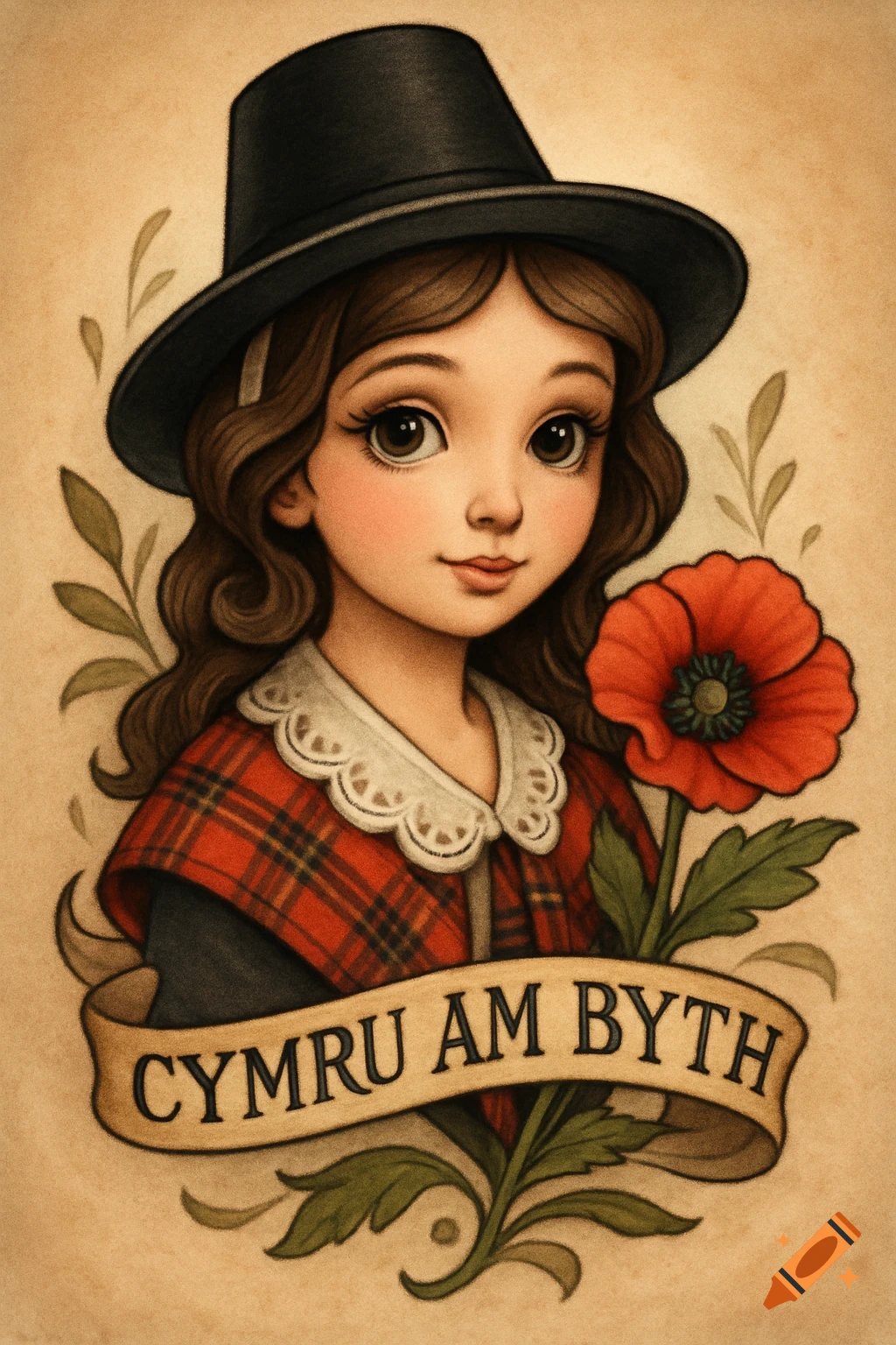 Cute illustration of a girl in Welsh traditional attire with a banner ...