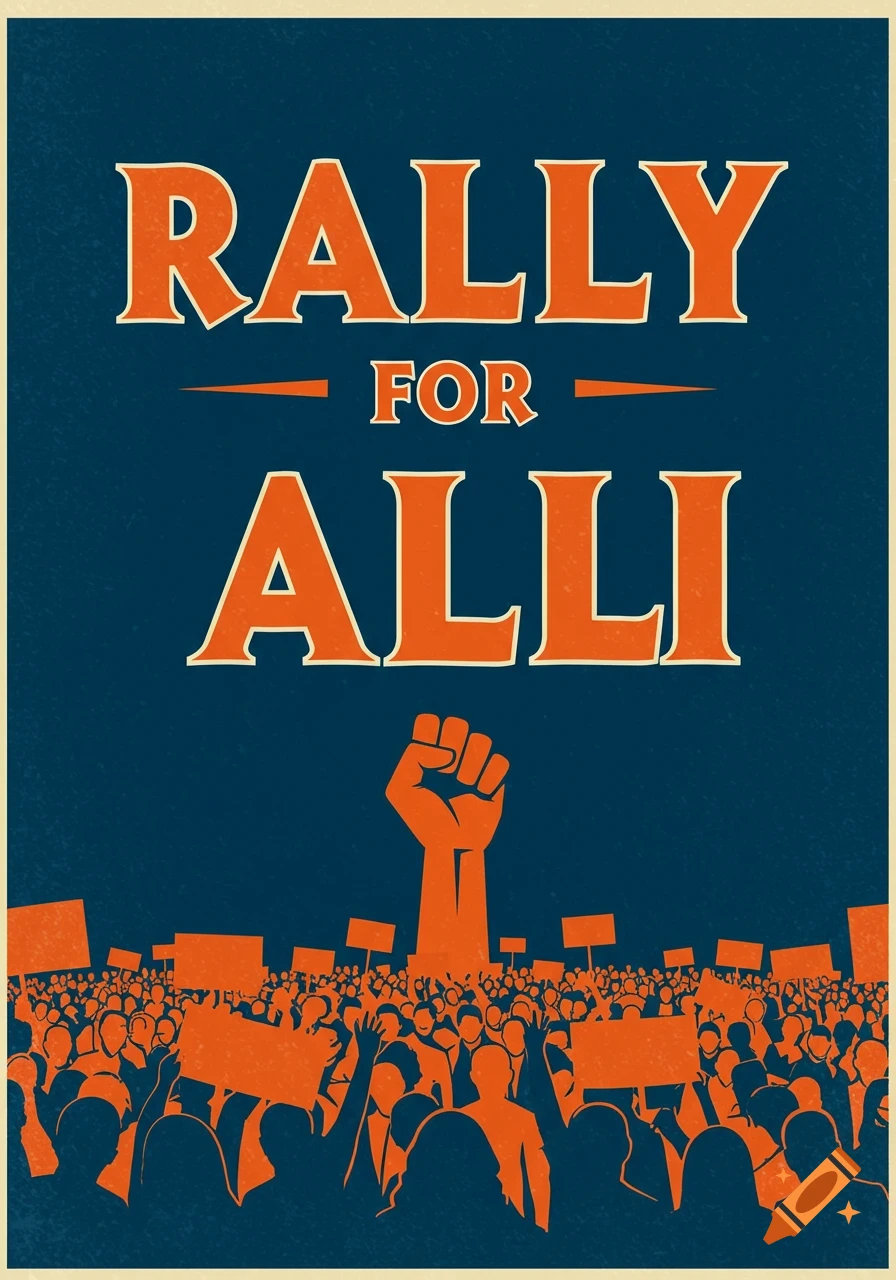 A vintage-style campaign poster showing a crowd with signs and a raised ...