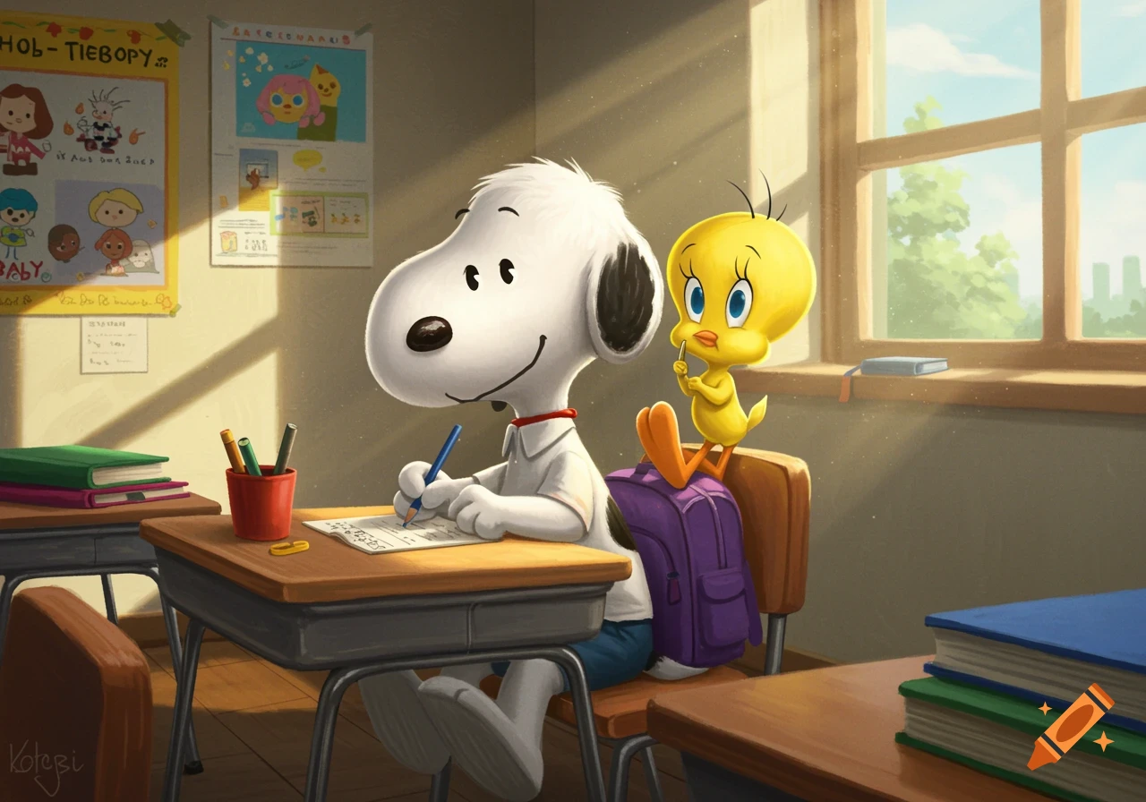 Illustration of Snoopy writing at a school desk with Tweety Bird on a ...