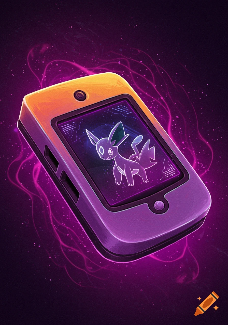 Stylized handheld device with a purple pokemon on the screen ...