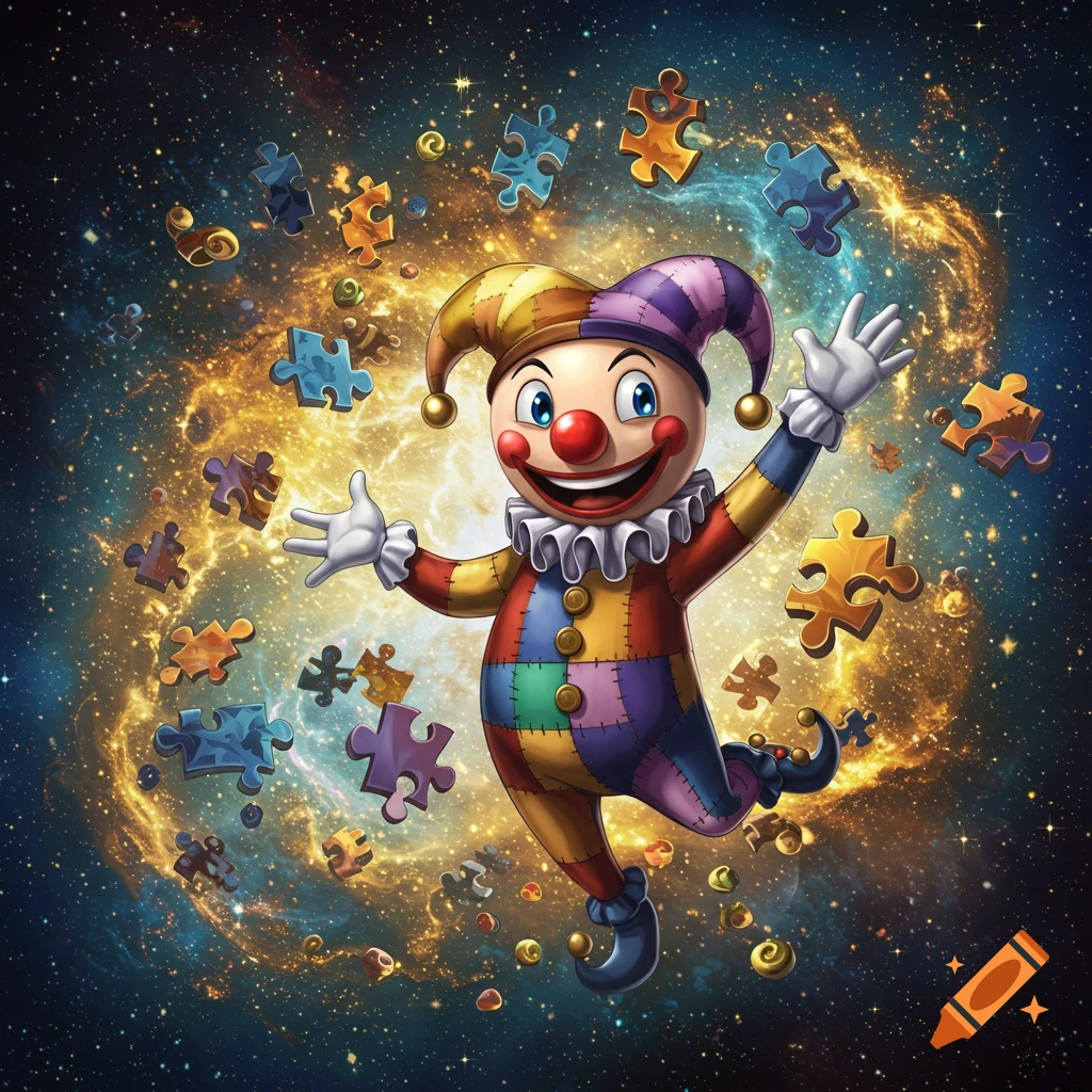 A cartoon jester surrounded by floating puzzle pieces in a colorful ...
