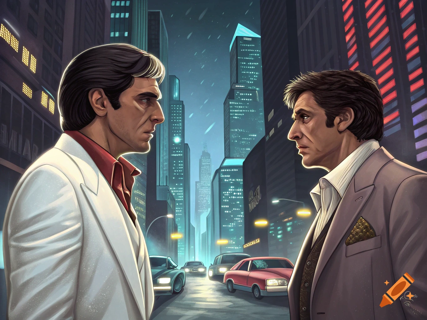 Two men resembling Al Pacino characters face each other on a stylized ...