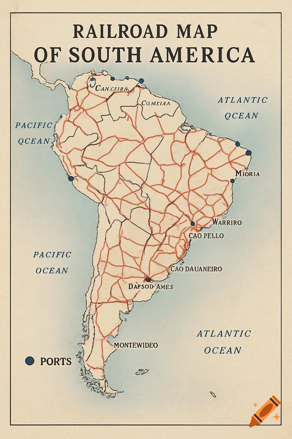 A vintage-style railroad map of South America with labelled ports and ...