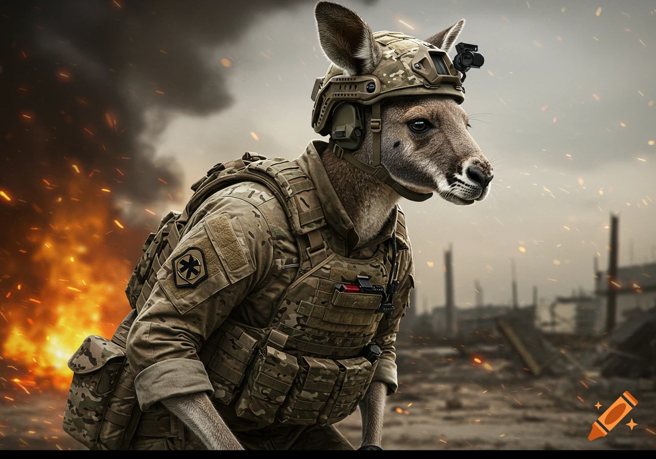 A kangaroo in tactical military gear stands in a ruined, fiery ...
