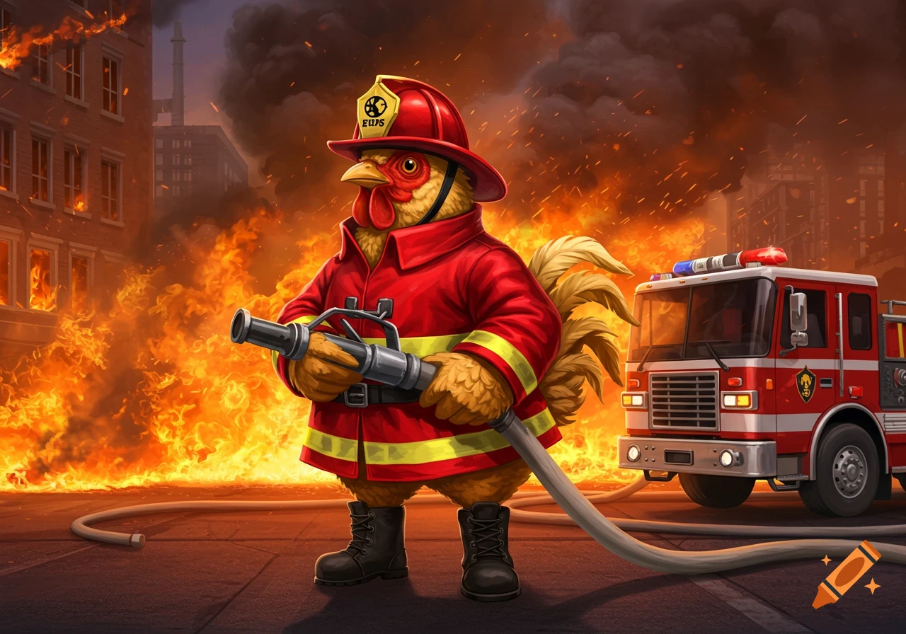 Cartoon chicken firefighter sprays water on a building fire next to a ...