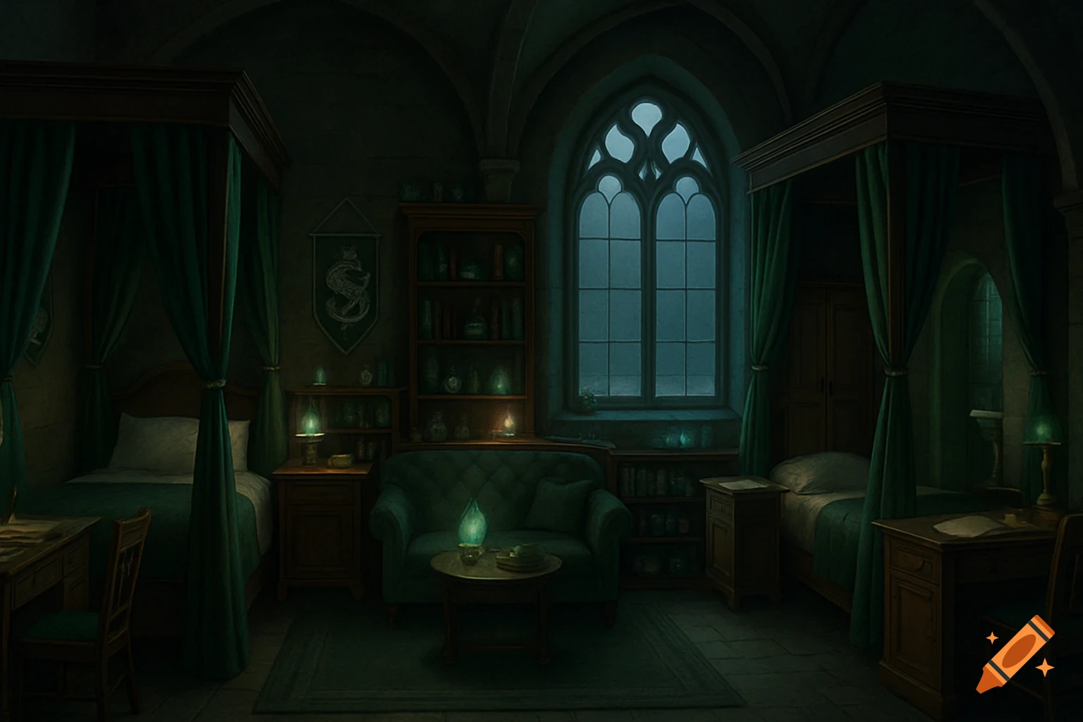 A dark, moody fantasy dorm room with green beds, a couch, bookshelves ...