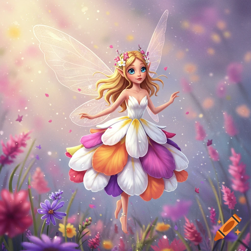 A fairy with transparent wings and a dress of colorful flower petals floats among flowers. on ...