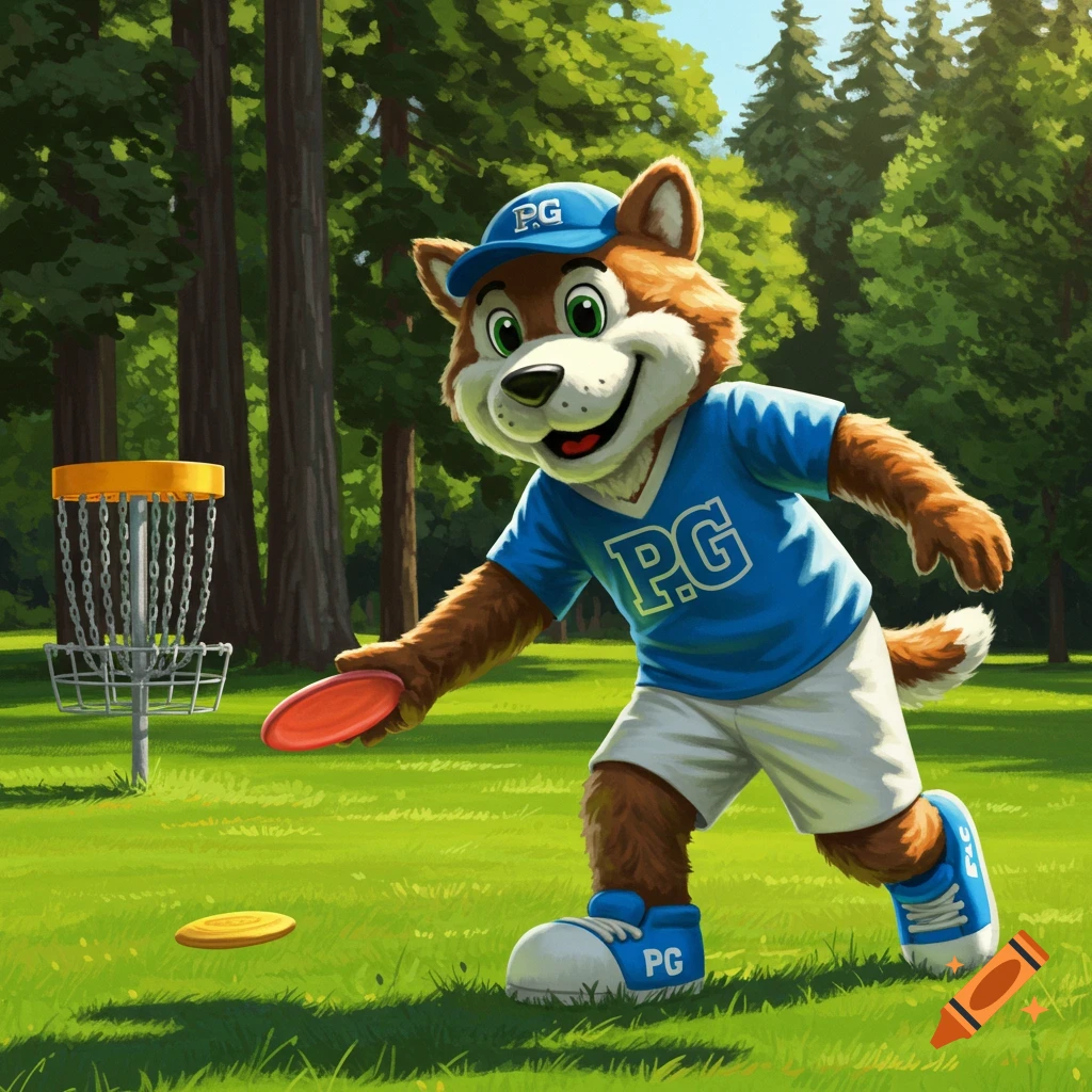 A mascot character playing disc golf in a park. on Craiyon