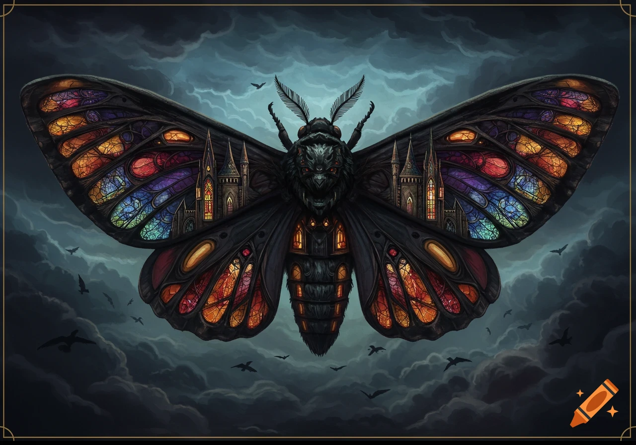 A gothic moth with stained glass wings depicting castles flies against ...
