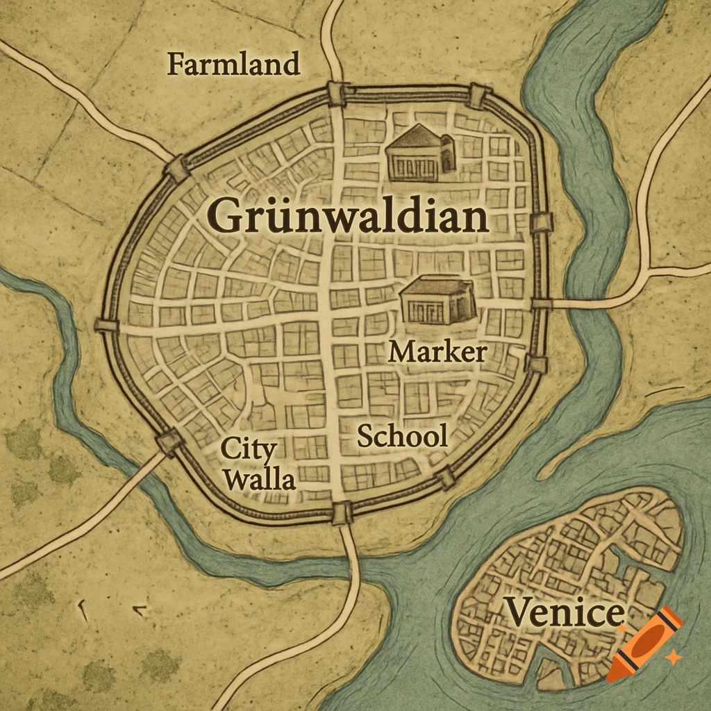 Overhead map of a walled city named Grünwaldian, with labeled features ...