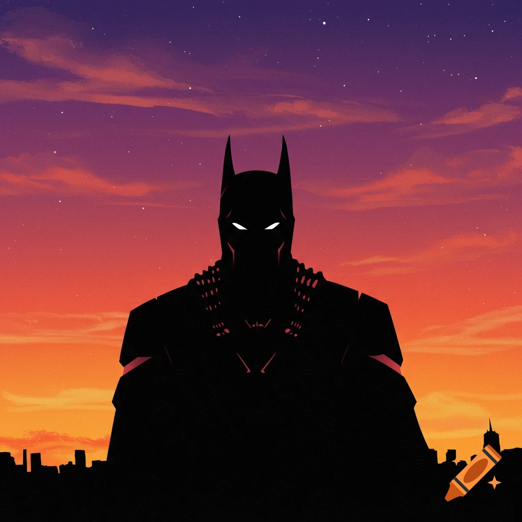 Silhouette of Batman against a colorful sunset sky with a city skyline ...