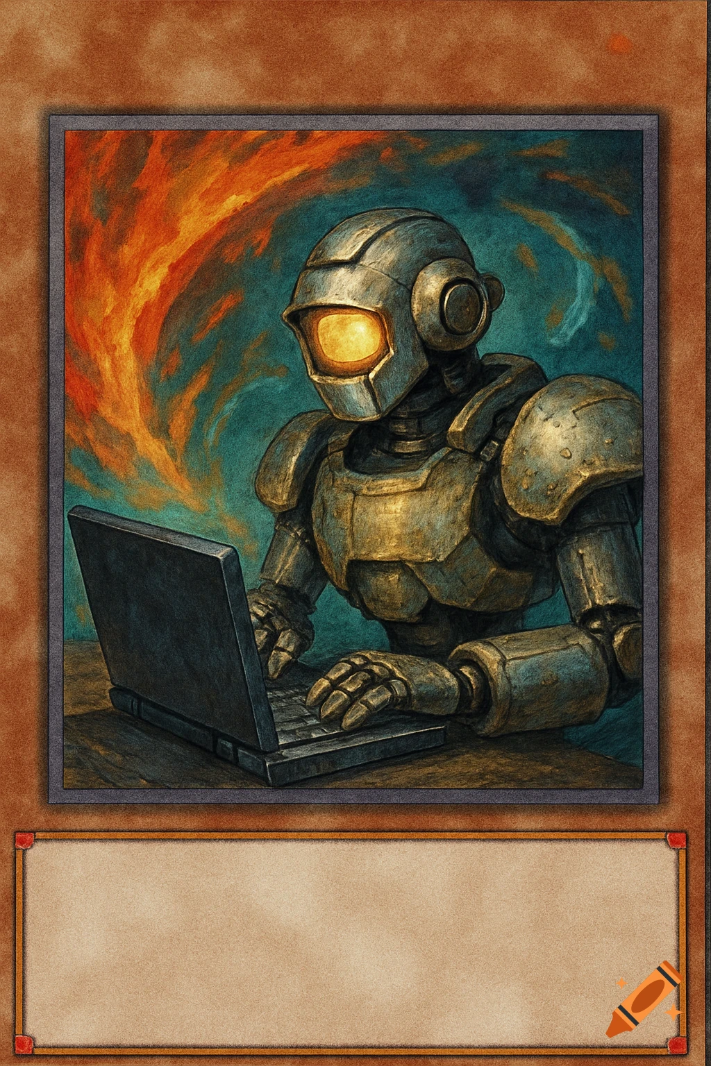 A robot sits at a laptop, framed as a Yu-Gi-Oh! card, with flames ...