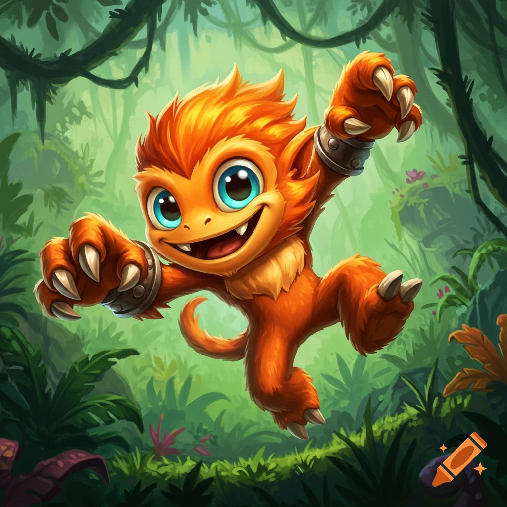 Cartoon monkey-like creature Bop from Skylanders jumps through a jungle ...