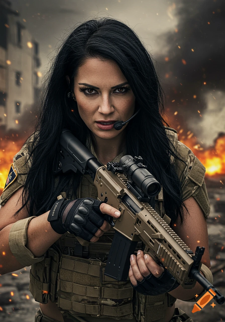 Portrait of a female military operator holding a rifle in a combat zone ...