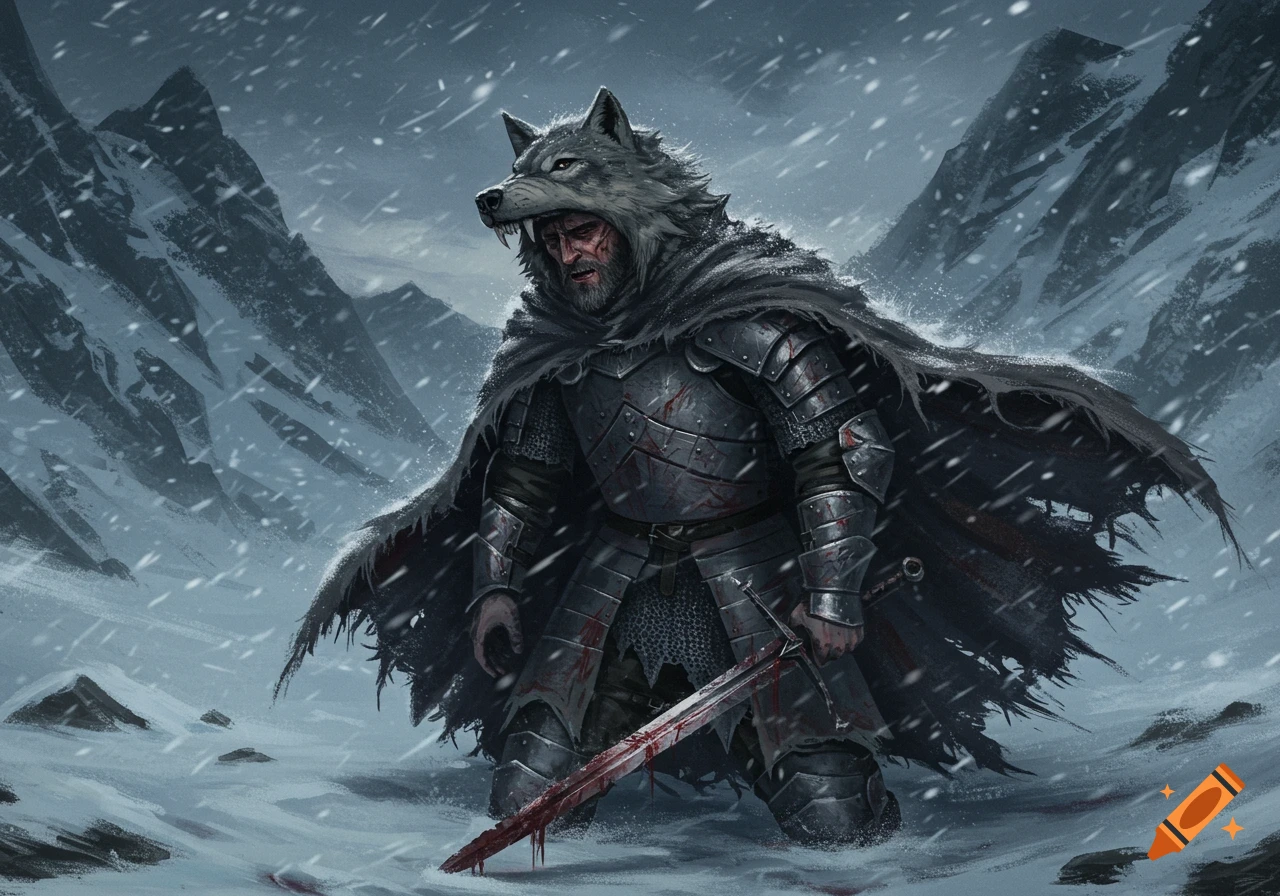 A medieval warrior in armor wearing a wolf hood kneels in the snow with ...